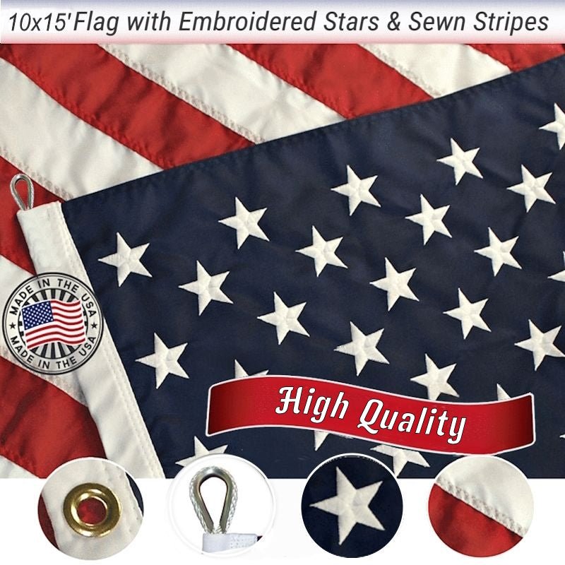 AMERICAN FLAG MADE IN USA - 10x15 FT Embroidered Flag