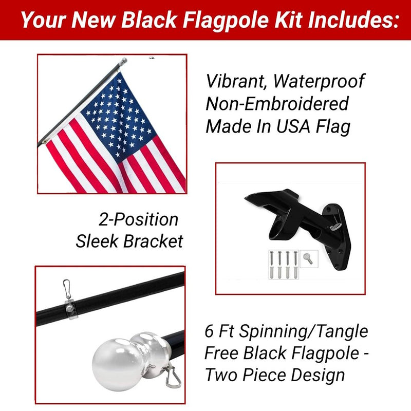 FLAG POLE KIT: BLACK Flag Pole with Bracket & American Flag